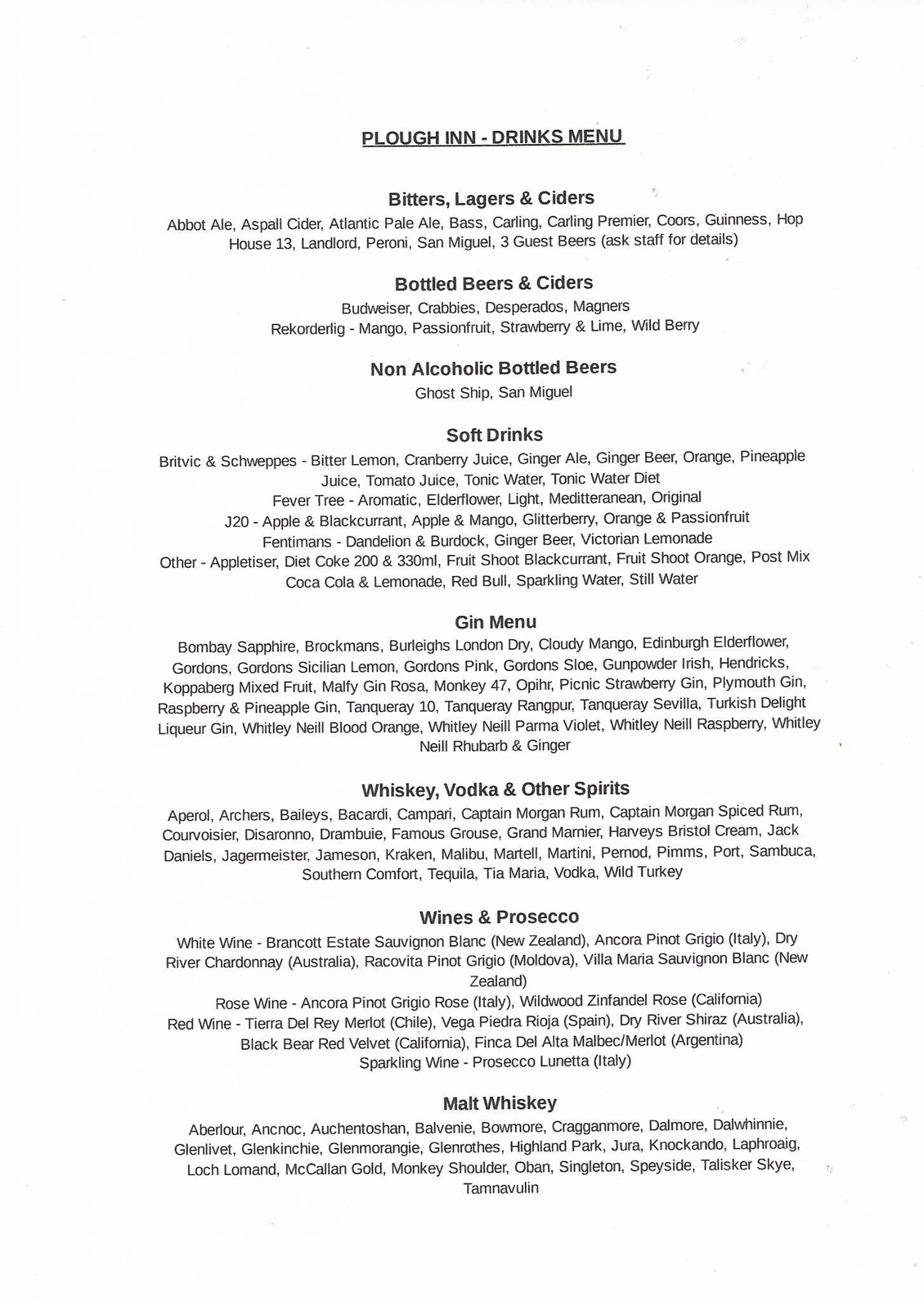 Menu at The Plough Inn pub & bar, Wysall, Keyworth Rd