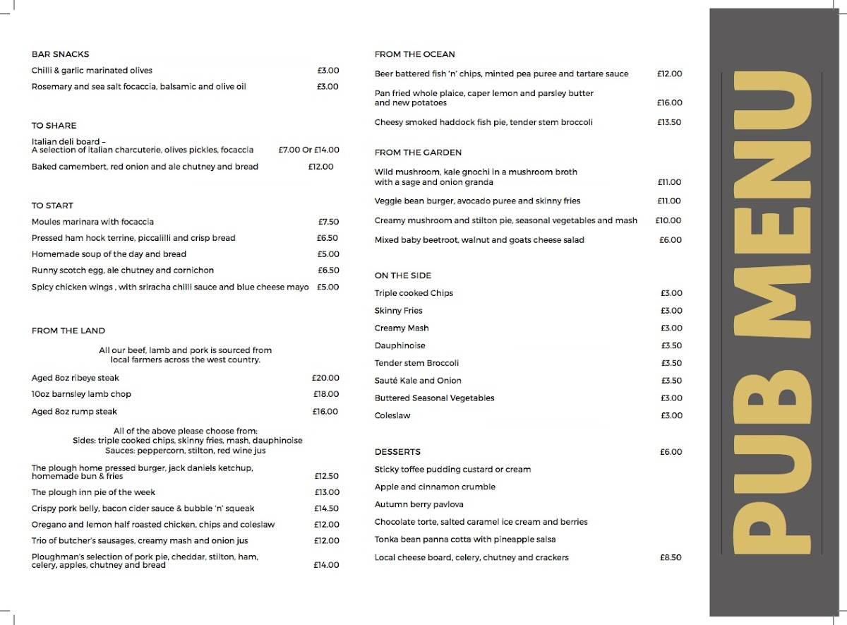 Menu at The Plough Inn Wanborough pub & bar, Swindon, High St