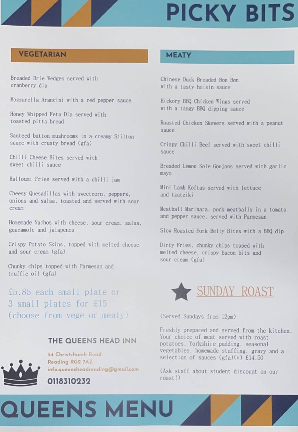 Menu at The Queens Head Inn pub & bar, Reading, Queens Head