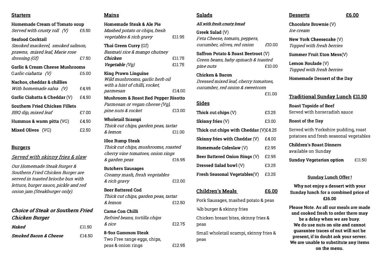 Menu at The Queens Head pub & bar, Thurlton