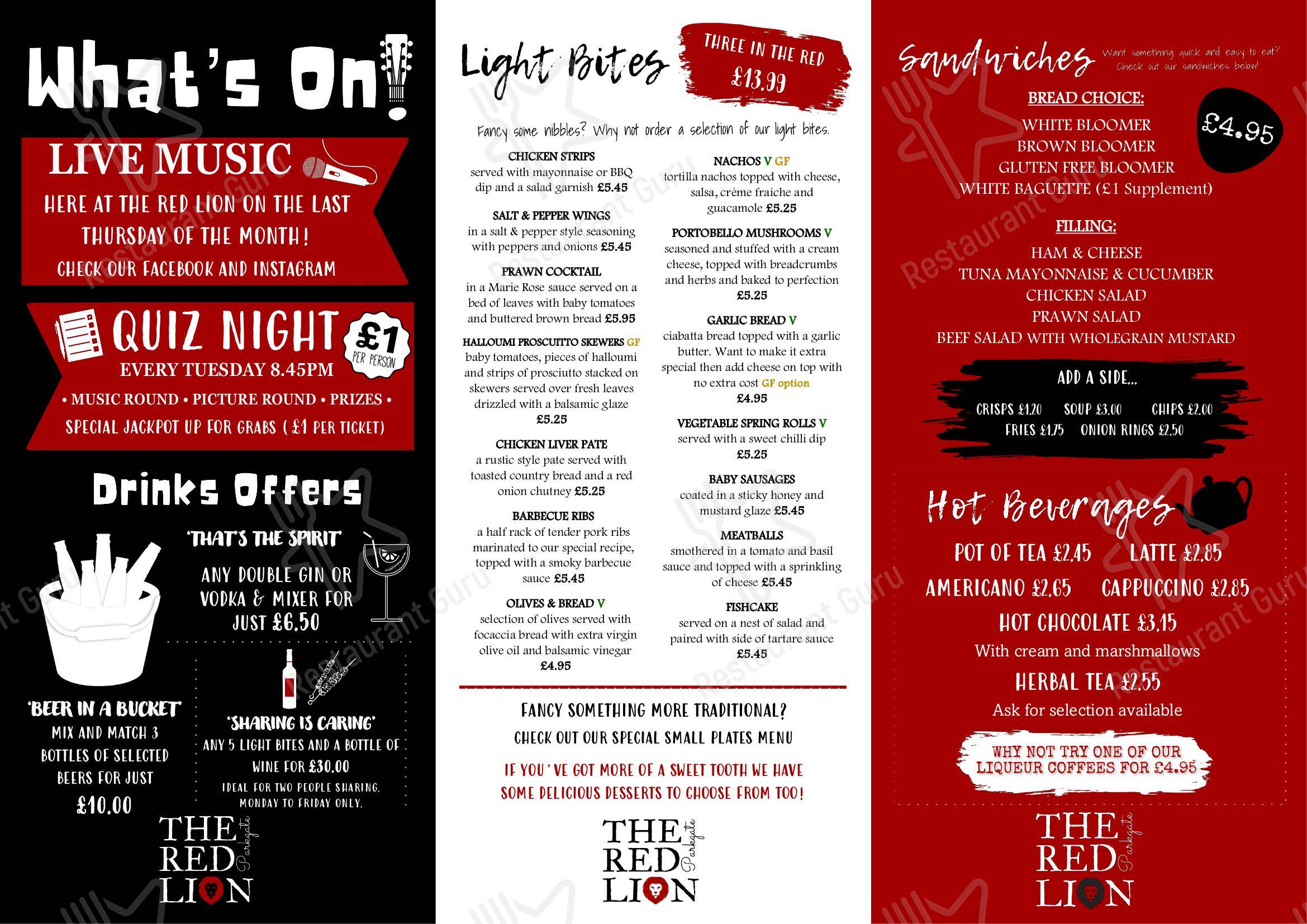Menu at The Red Lion Pub Parkgate, Neston