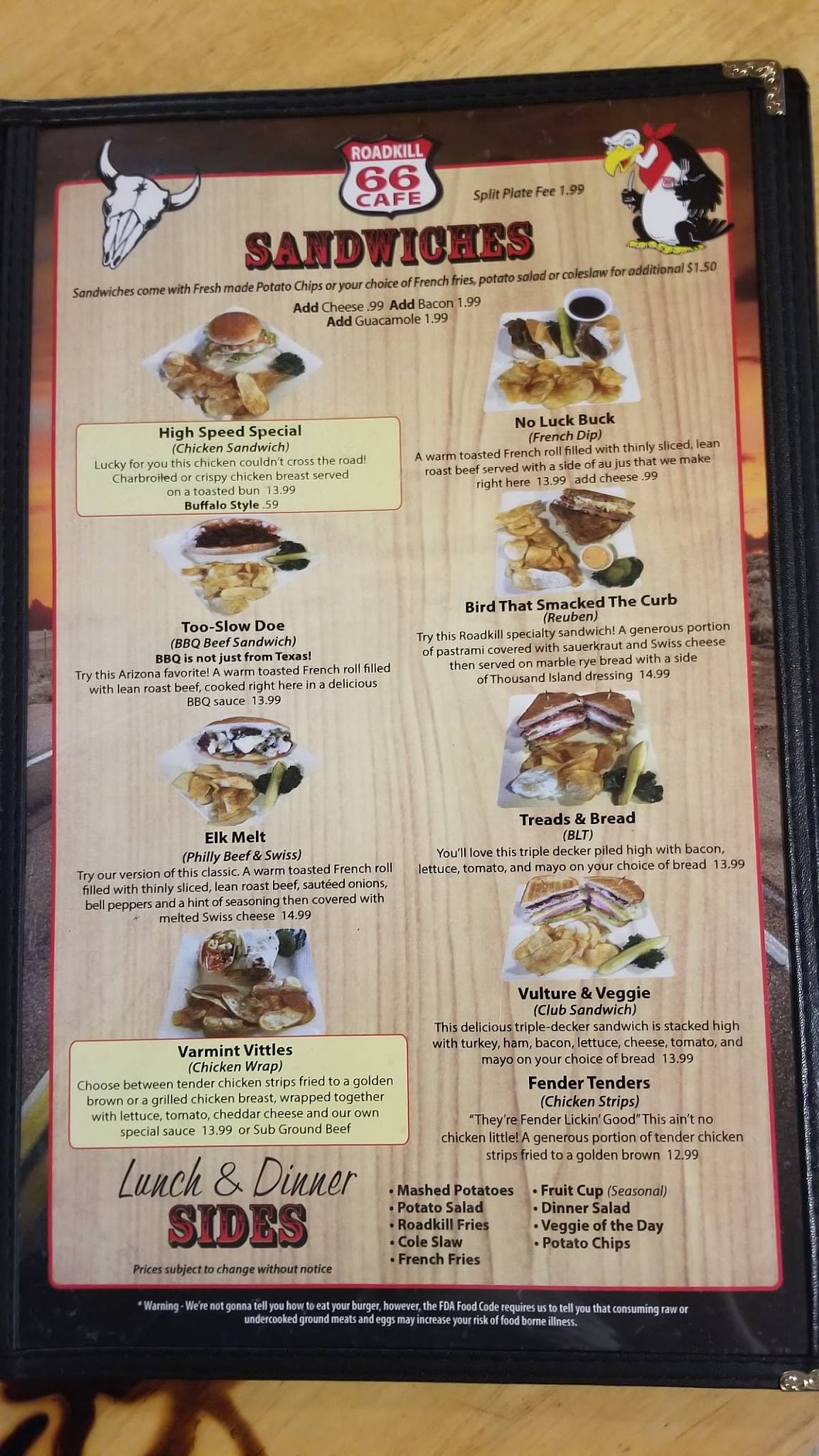 Menu at The Roadkill Cafe/O.K. Saloon, Seligman