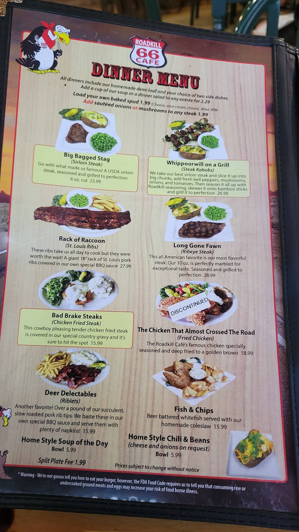 Menu at The Roadkill Cafe/O.K. Saloon, Seligman