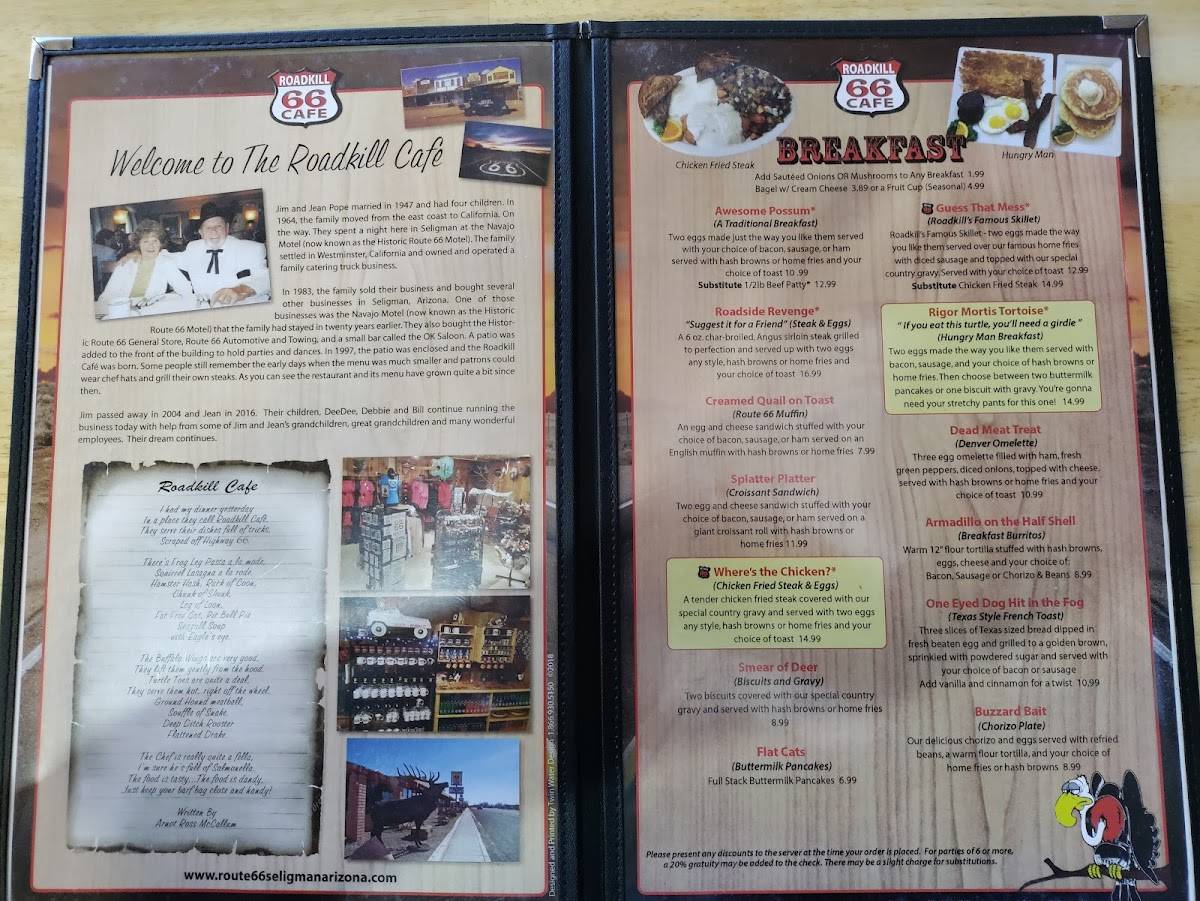 Menu at The Roadkill Cafe/O.K. Saloon, Seligman
