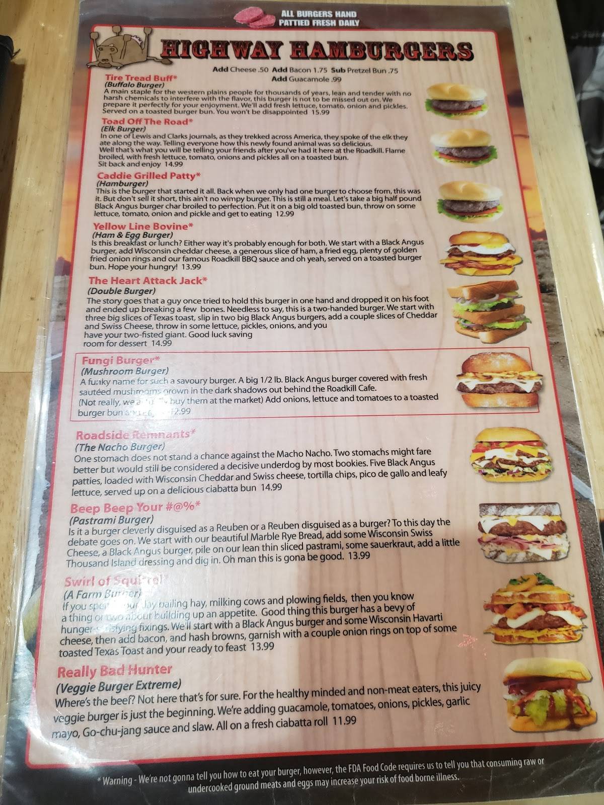 Menu at The Roadkill Cafe/O.K. Saloon, Seligman