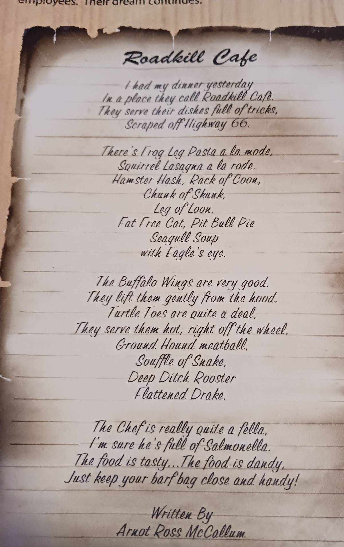 Menu at The Roadkill Cafe/O.K. Saloon, Seligman