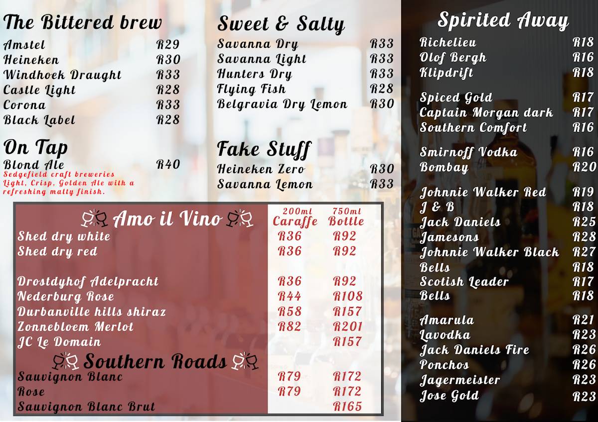 Menu at The Shed Knysna restaurant, Knysna