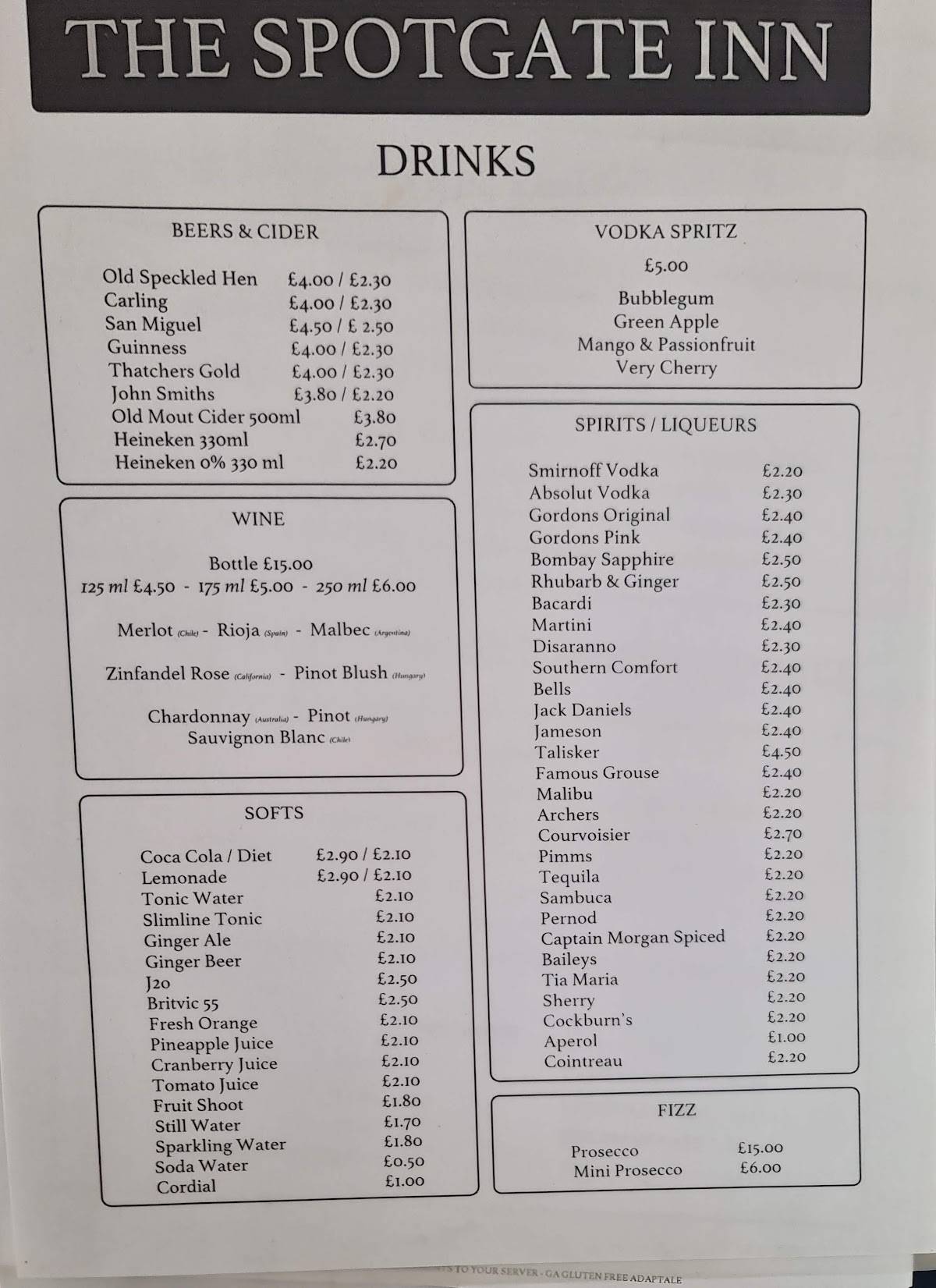Menu at The Spotgate Inn pub & bar, Stone Rural
