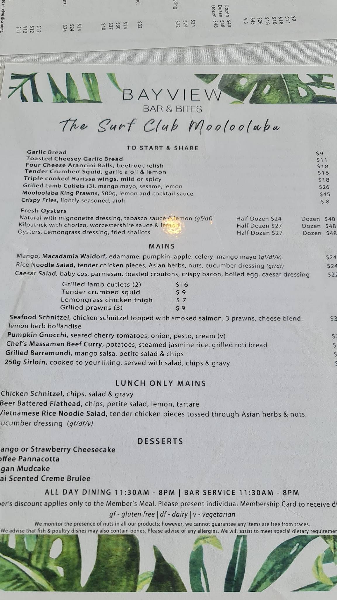 Menu at The Surf Club Mooloolaba, Mooloolaba