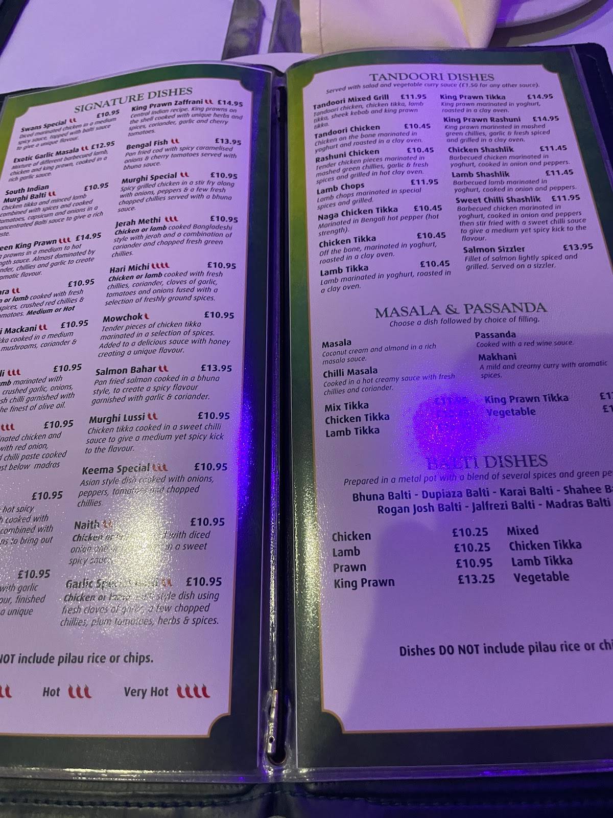 Menu at The Swan Indian Dining restaurant, Bacup