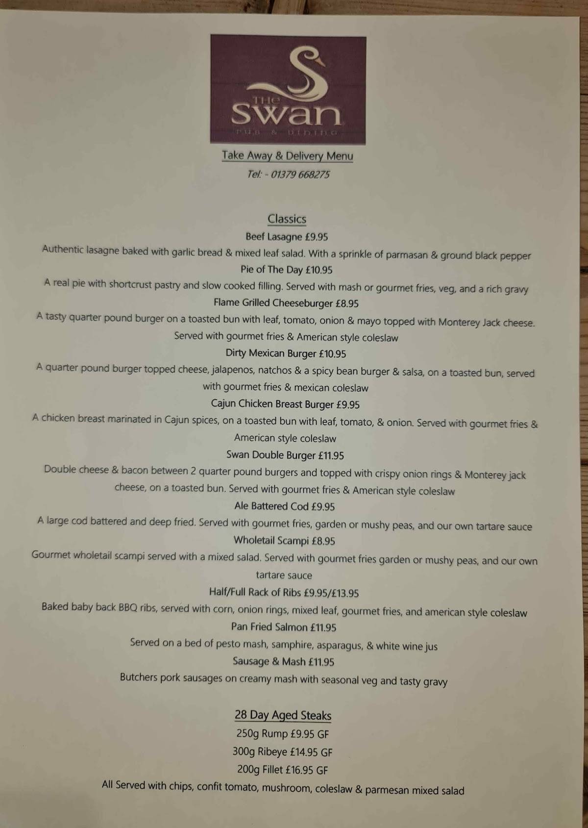 Menu at The Swan Inn Of Hoxne pub & bar, Eye, Low St