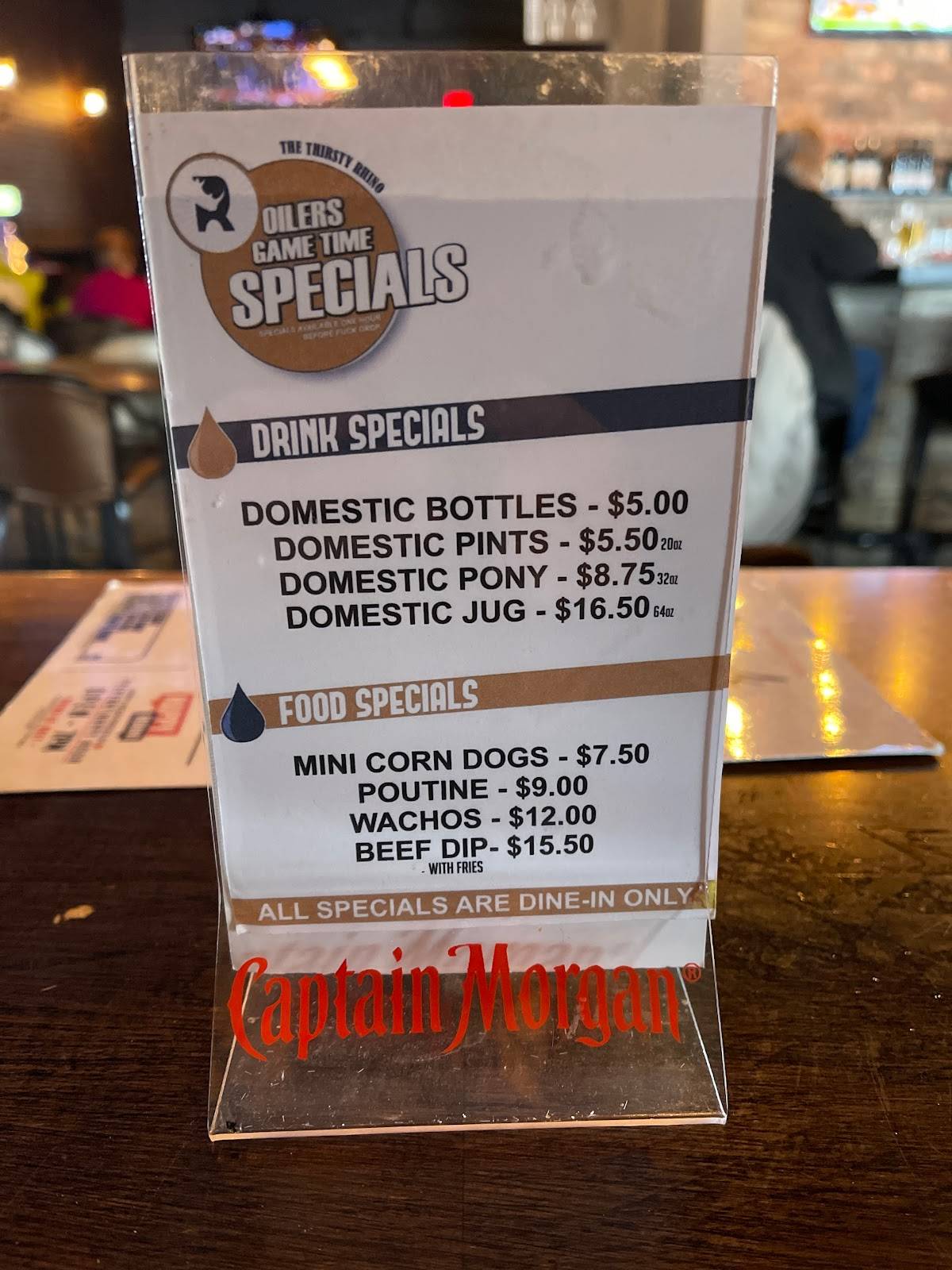 Menu at The Thirsty Rhino pub & bar, Edmonton