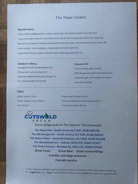 Menu at The Three Crowns, Brinkworth pub & bar, Brinkworth
