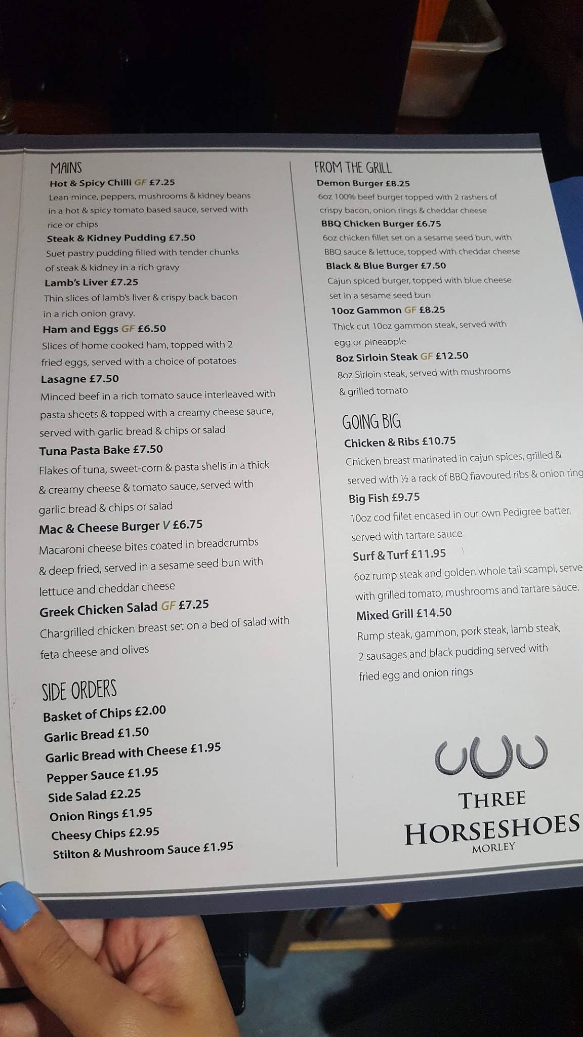 Menu at Three Horseshoes pub & bar, Morley, Main Road