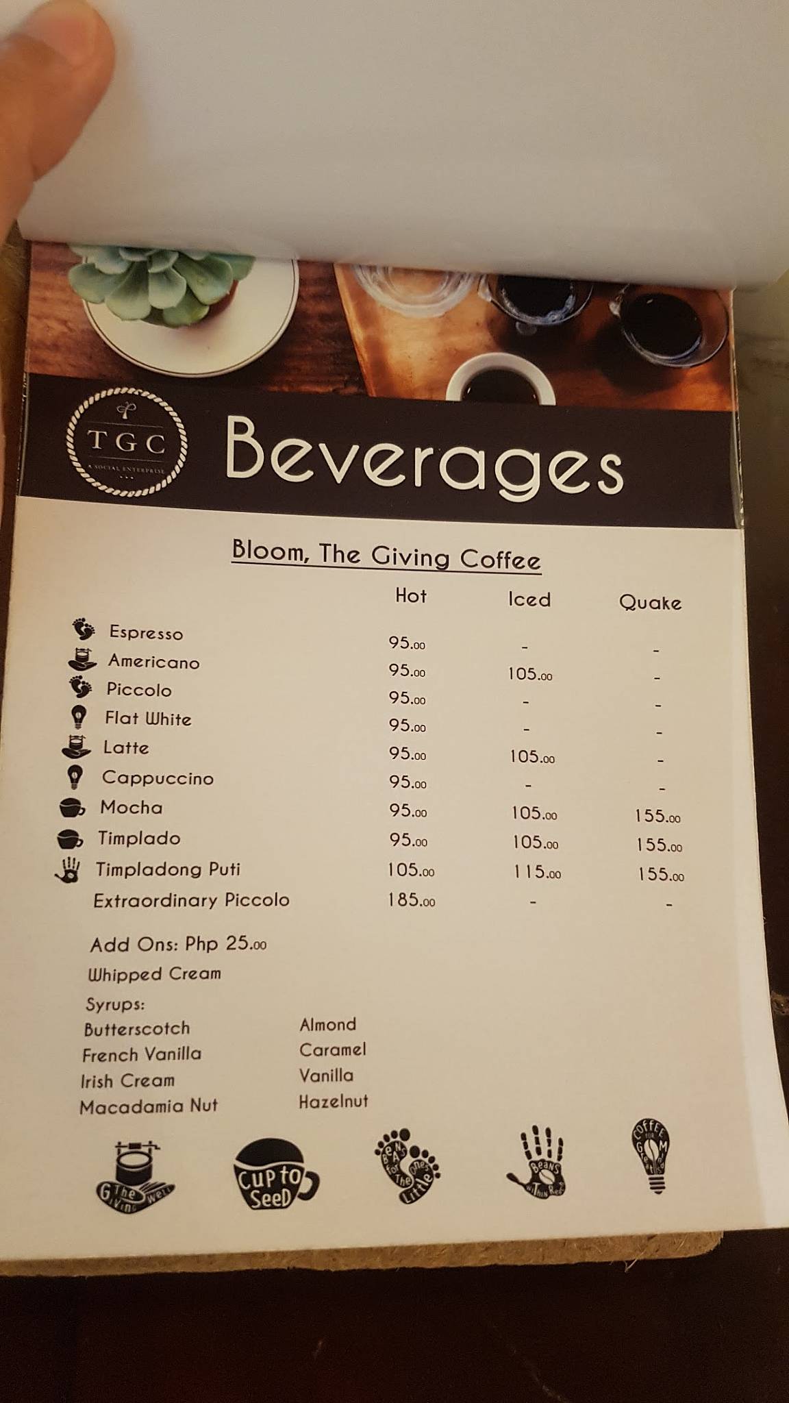 Menu at TheGiving Café (TGC) cafe, Mandaluyong