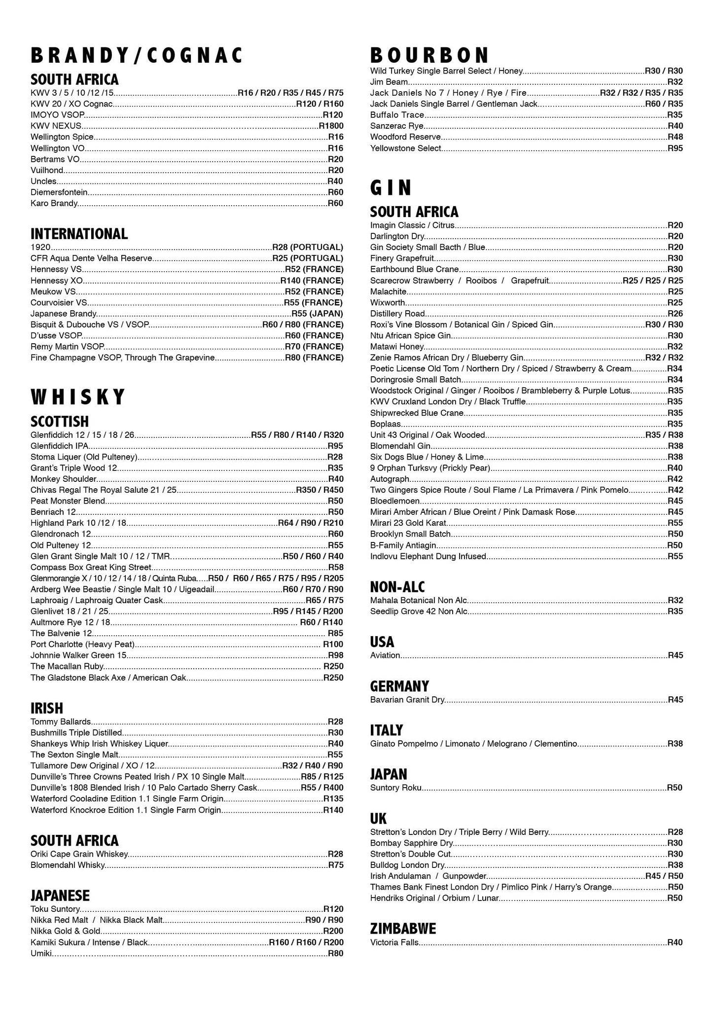 Menu at Thirsty Scarecrow pub & bar, Stellenbosch