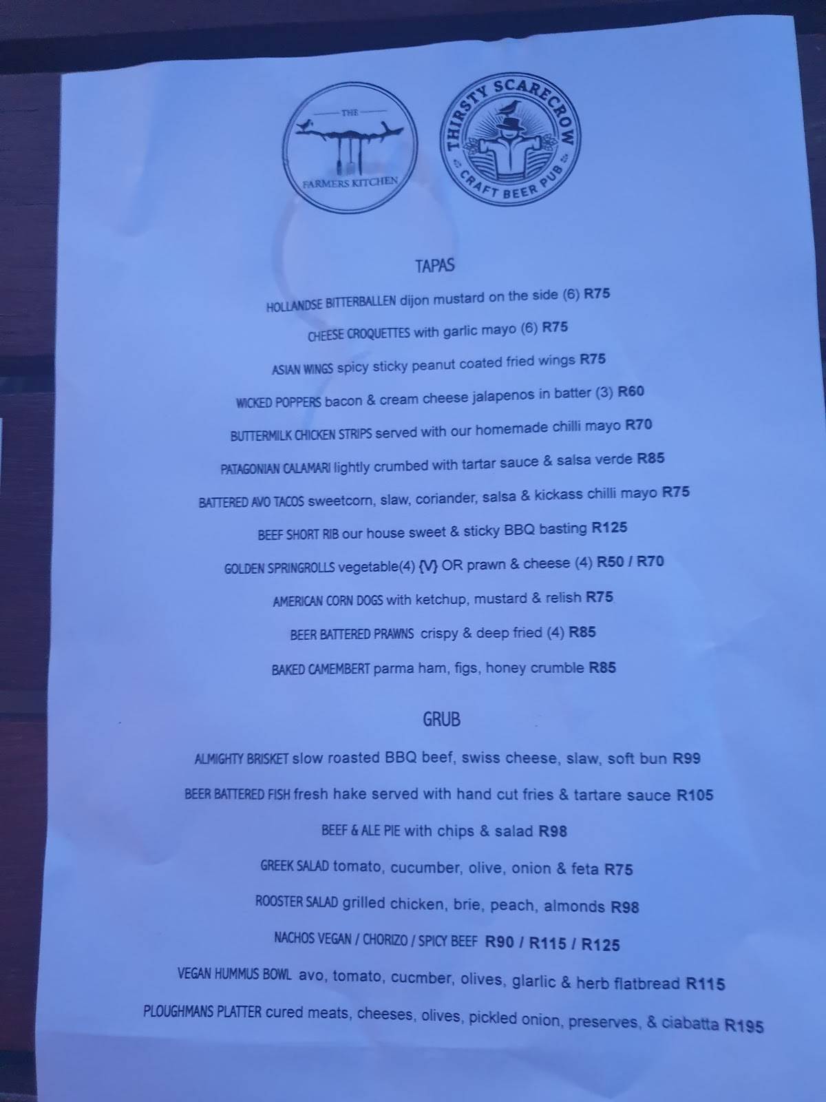 Menu at Thirsty Scarecrow pub & bar, Stellenbosch