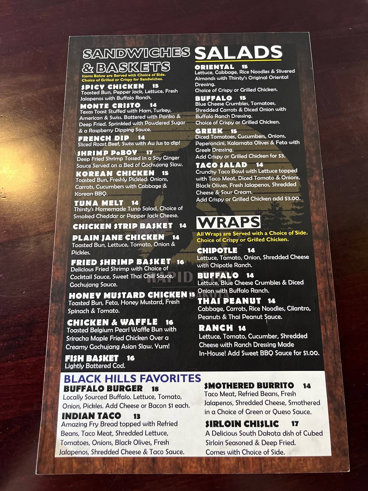 Menu at Thirsty's pub & bar, Rapid City