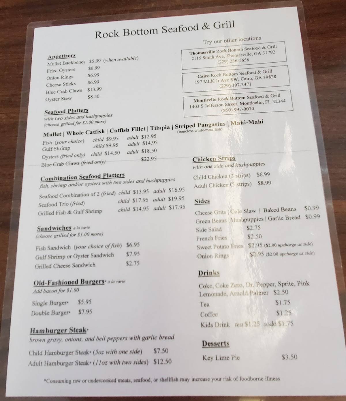 Menu at Rock Bottom Seafood & Grill restaurant, Thomasville