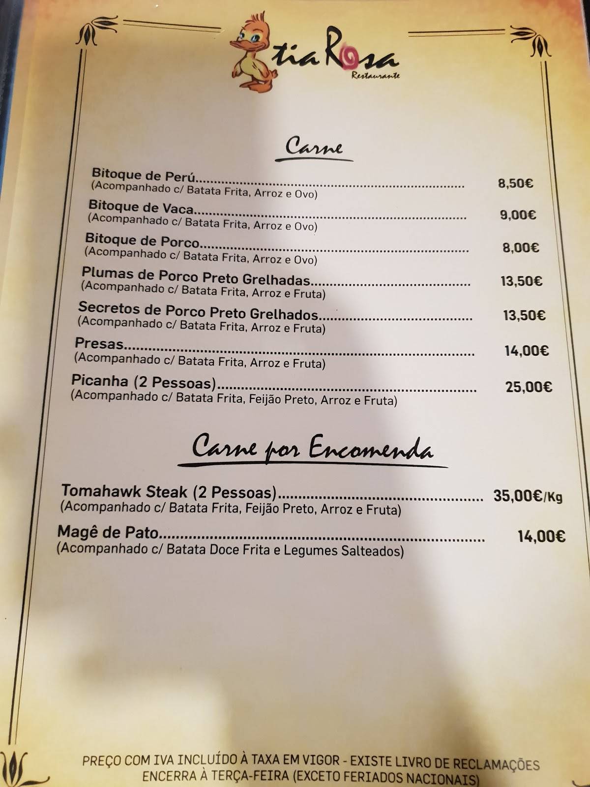 Menu at Tia Rosa restaurant, Melides, Fontainhas do mar