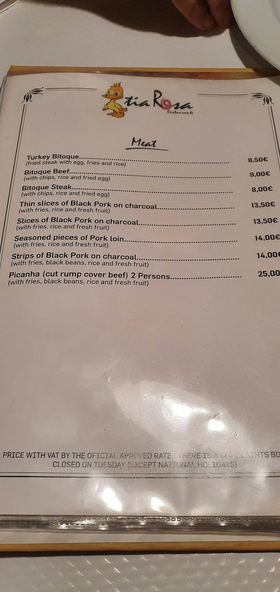 Menu at Tia Rosa restaurant, Melides, Fontainhas do mar