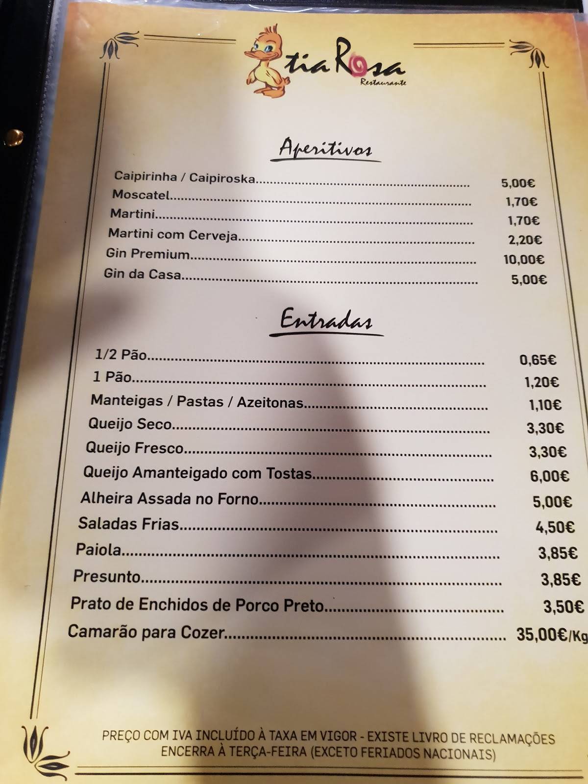 Menu at Tia Rosa restaurant, Melides, Fontainhas do mar