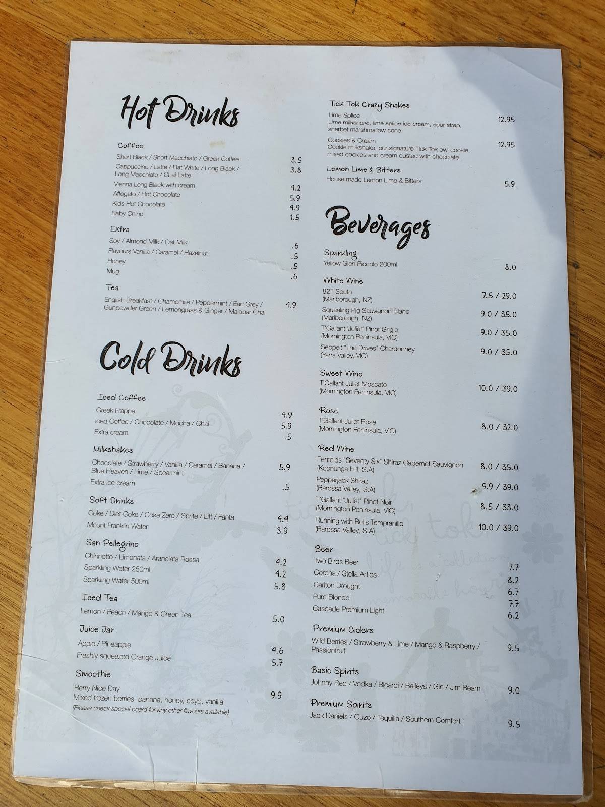 Menu at Tick Tok restaurant, Williamstown