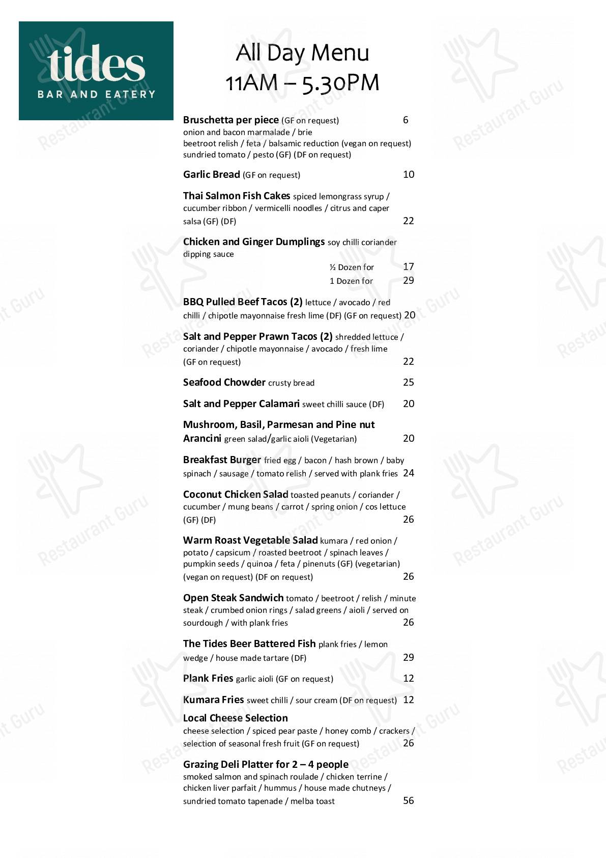 Menu at Tides Hotel Bar & Eatery, Nelson