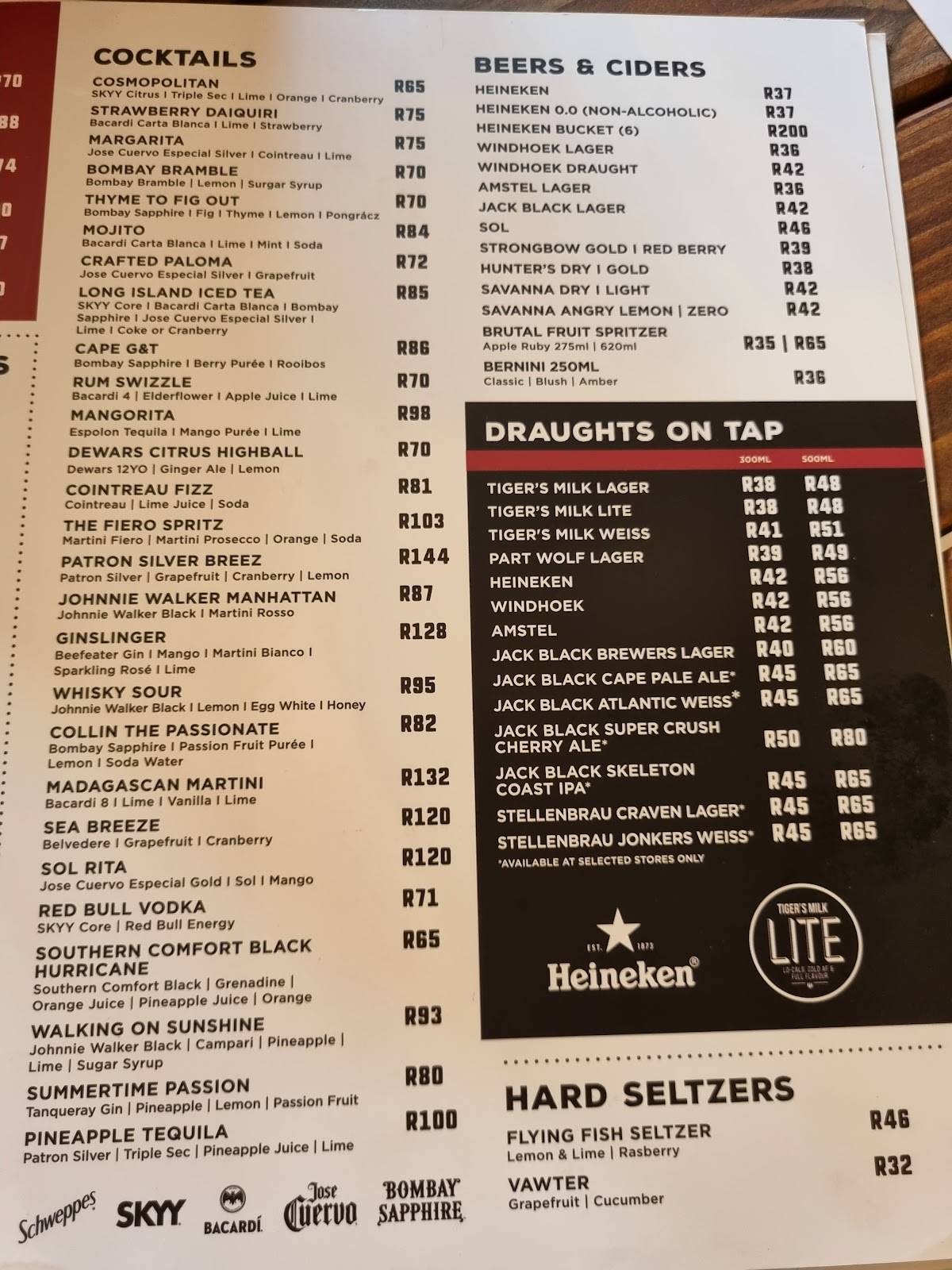 Menu at Tiger's Milk Moffett on Main restaurant, Port Elizabeth