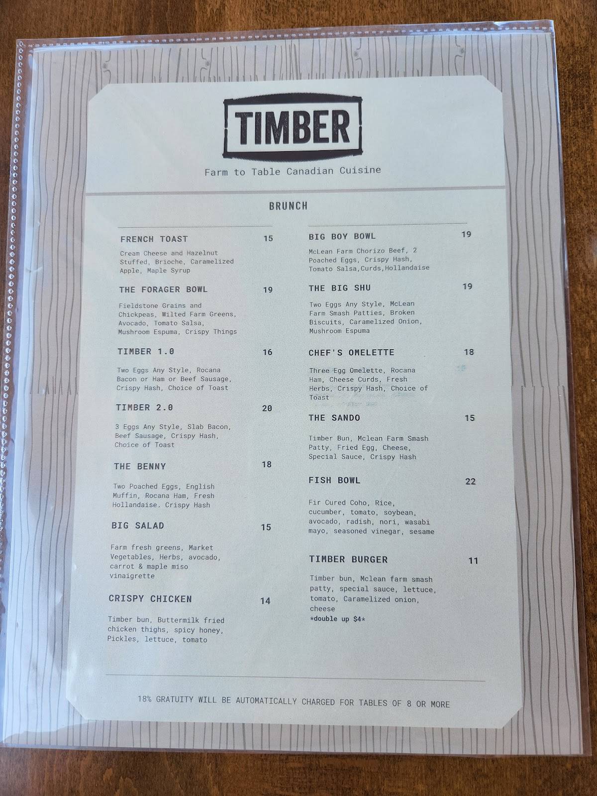 Menu at Timber Shuswap restaurant, Blind Bay