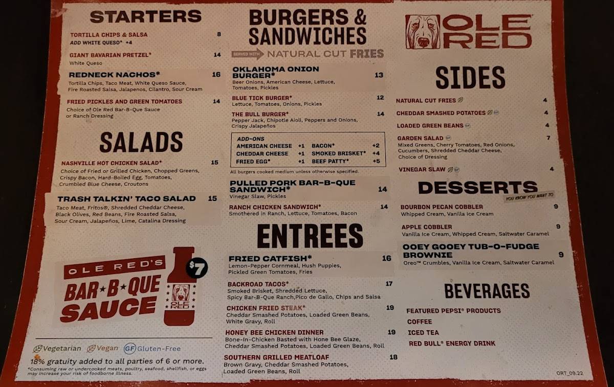 Menu at Ole Red pub & bar, Tishomingo