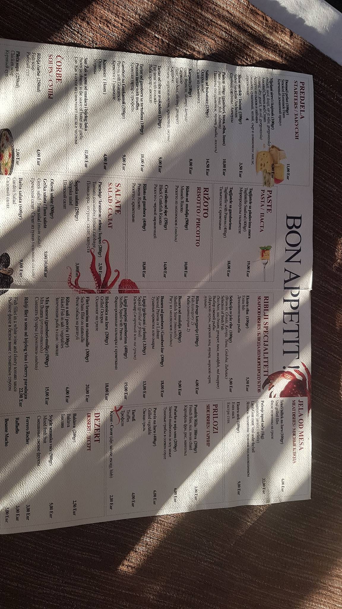 Menu at Mala Barka, Tivat