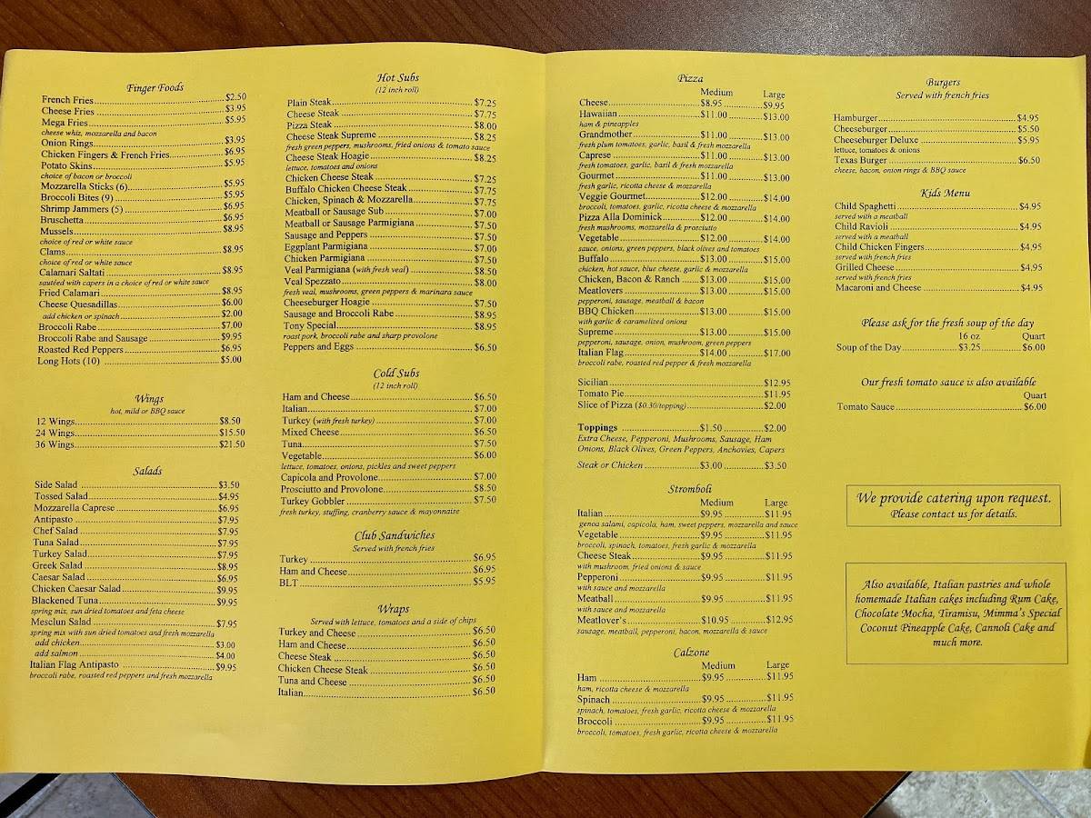 Menu at Tony and Dominick's Pizza pizzeria, Wilmington