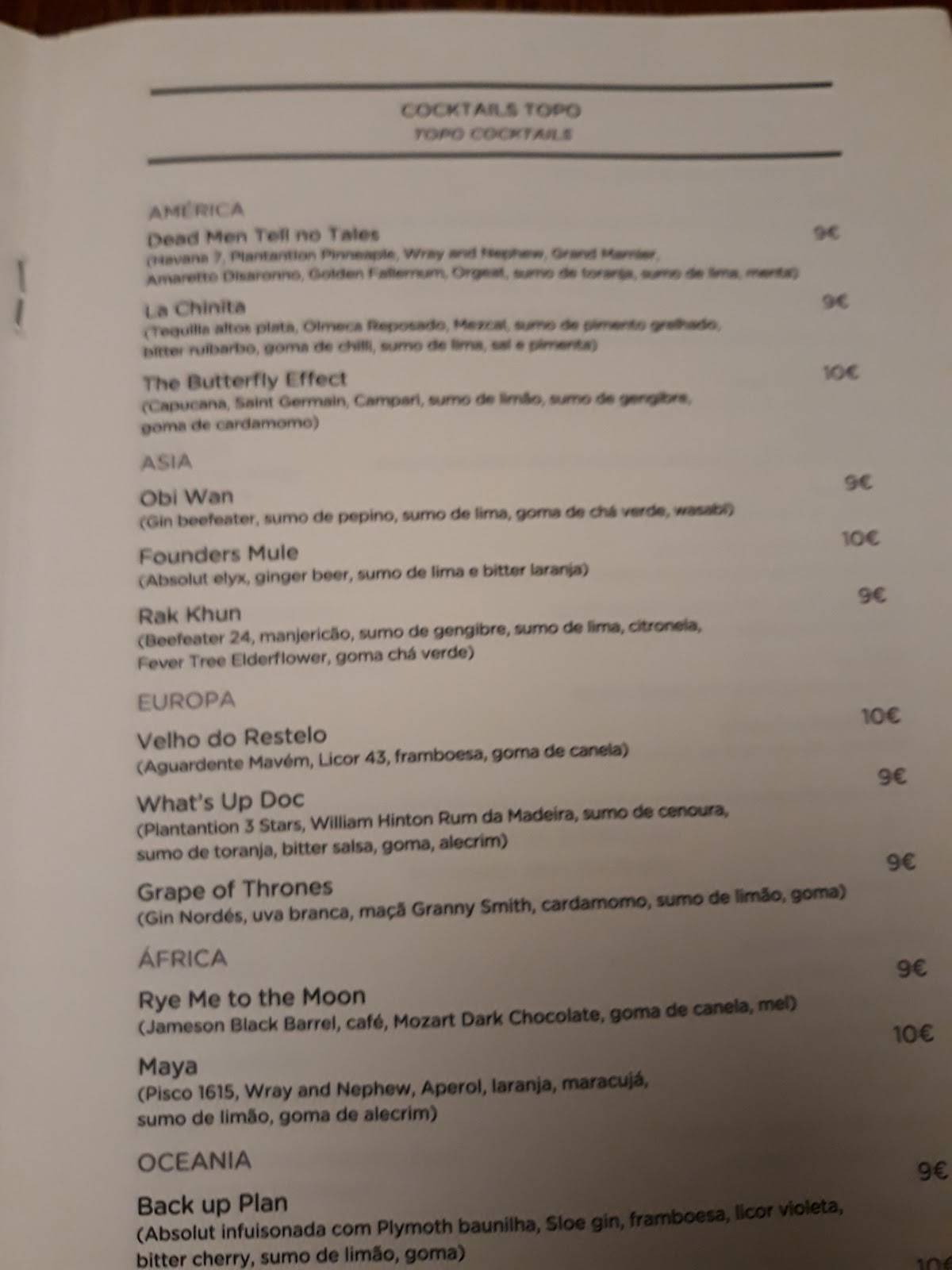 Carta del restaurante Topo Belém, Lisboa