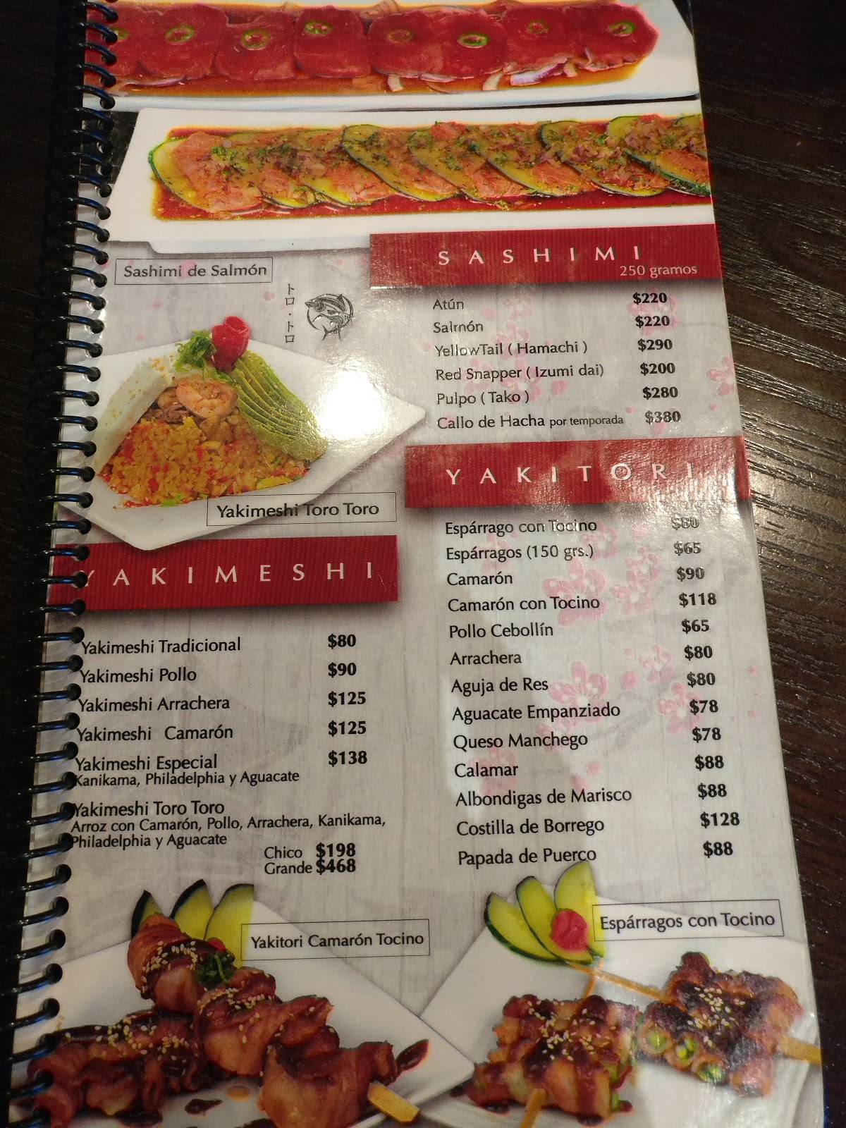Menu at Toro Toro restaurant, Mexicali