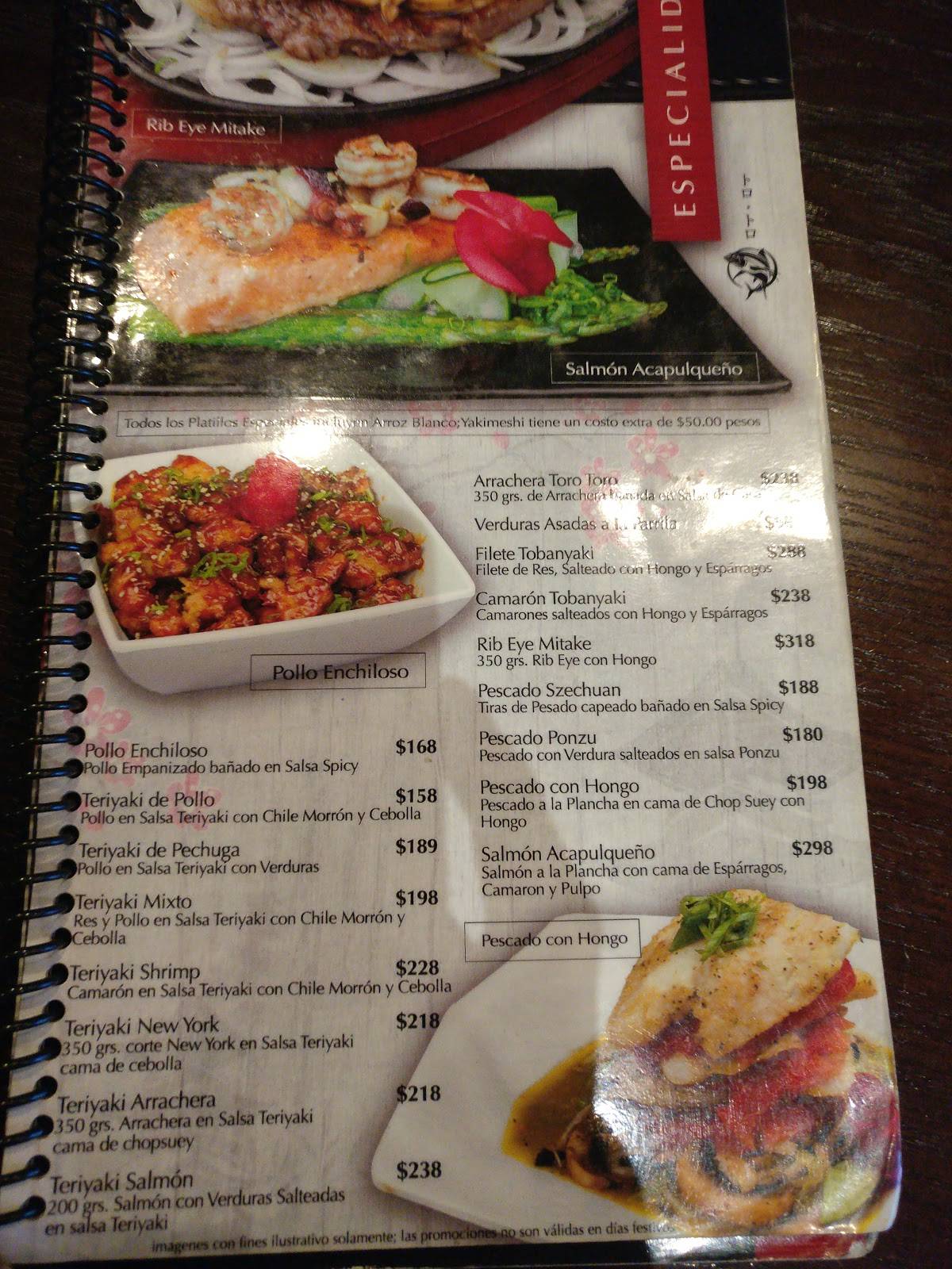 Menu at Toro Toro restaurant, Mexicali