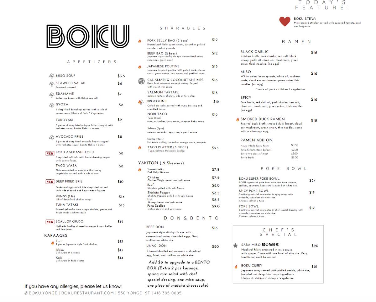 Menu at BOKU (Yonge St.) restaurant, Toronto, 530 Yonge St