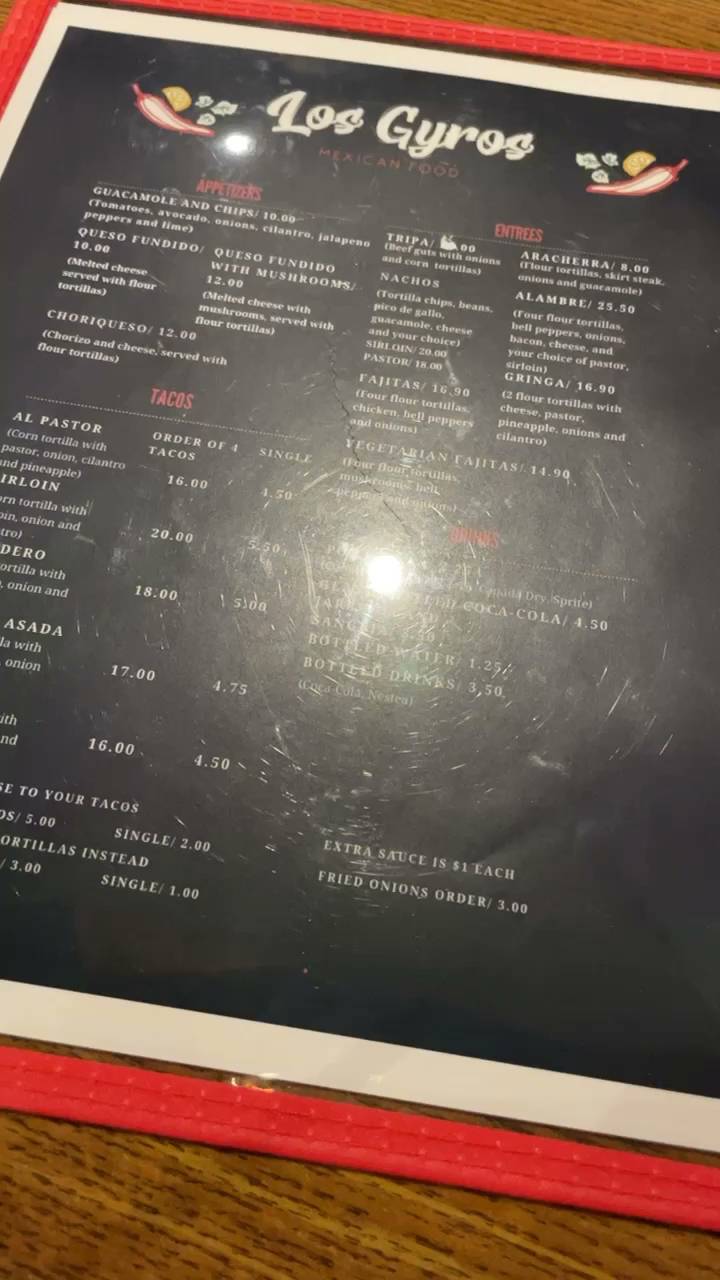 Menu at Los Gyros restaurant, Toronto