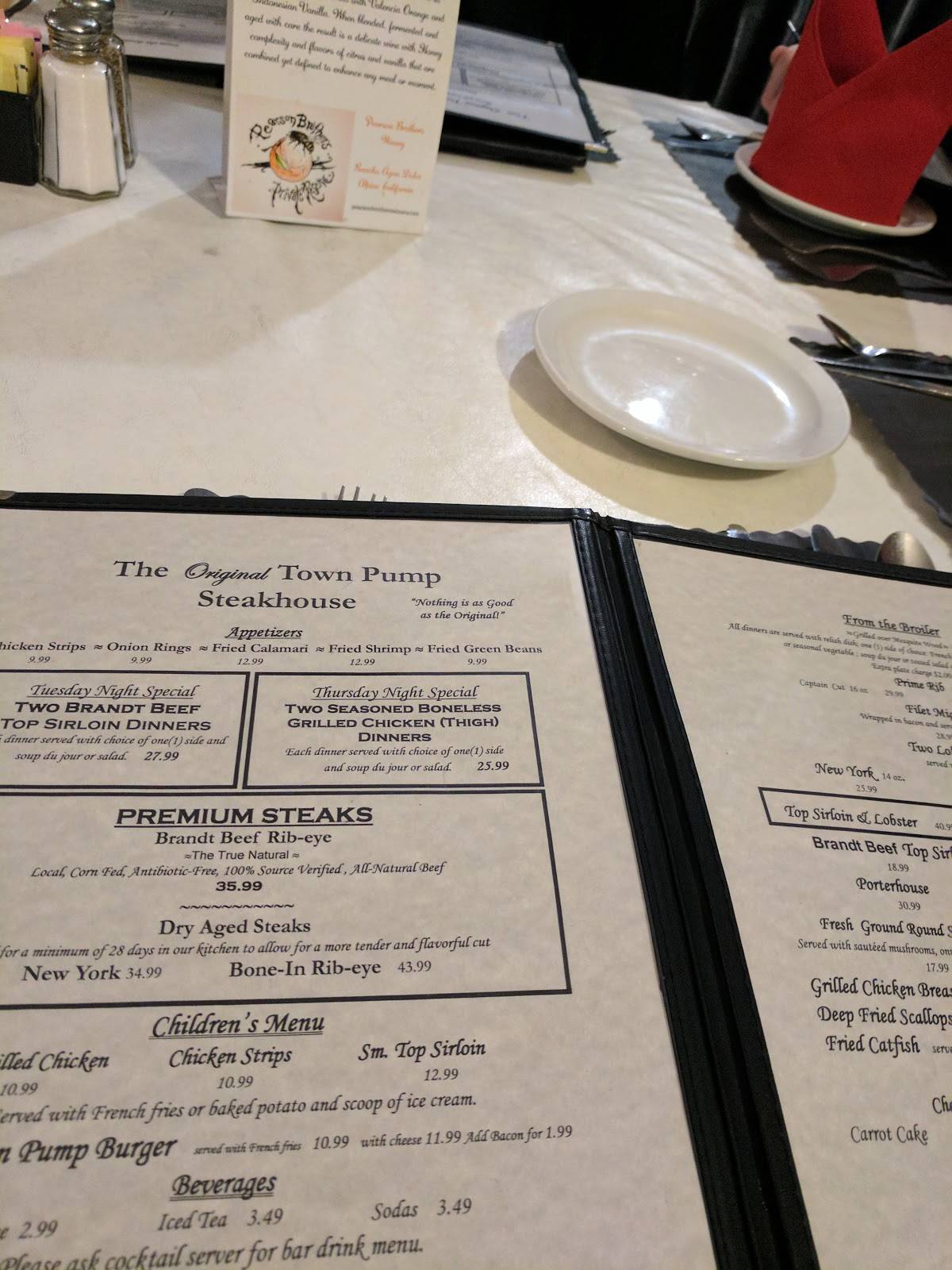 Menu at Town Pump Steakhouse, Westmorland