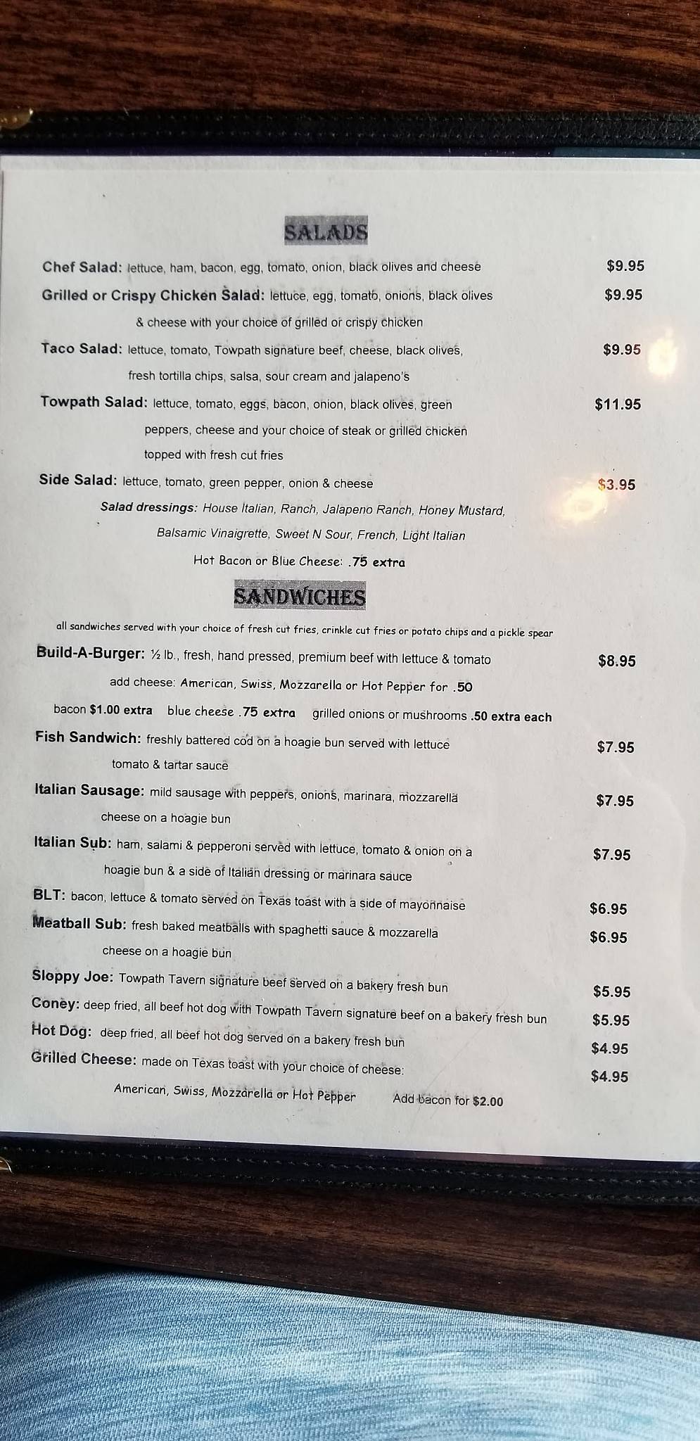 Menu at Towpath Tavern pub & bar, Bolivar, 225 Canal St