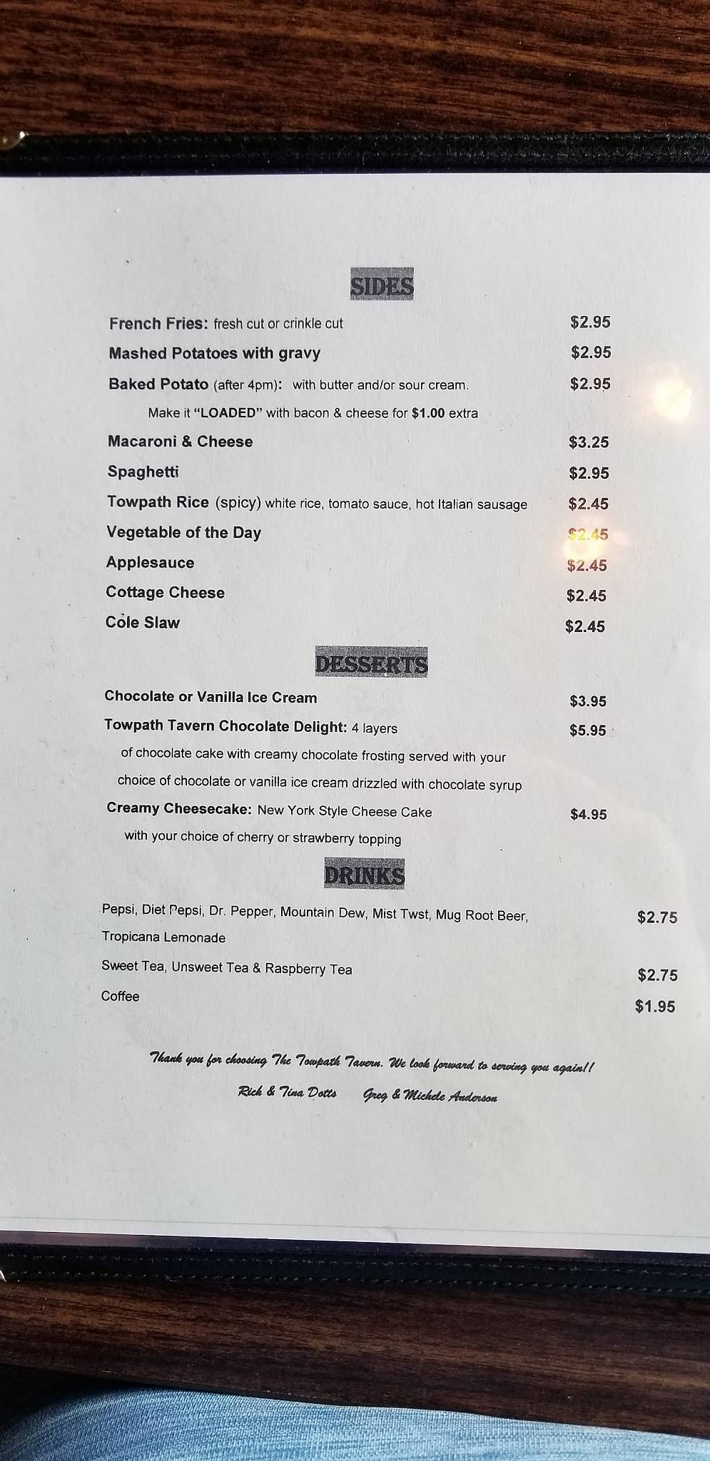 Menu at Towpath Tavern pub & bar, Bolivar, 225 Canal St