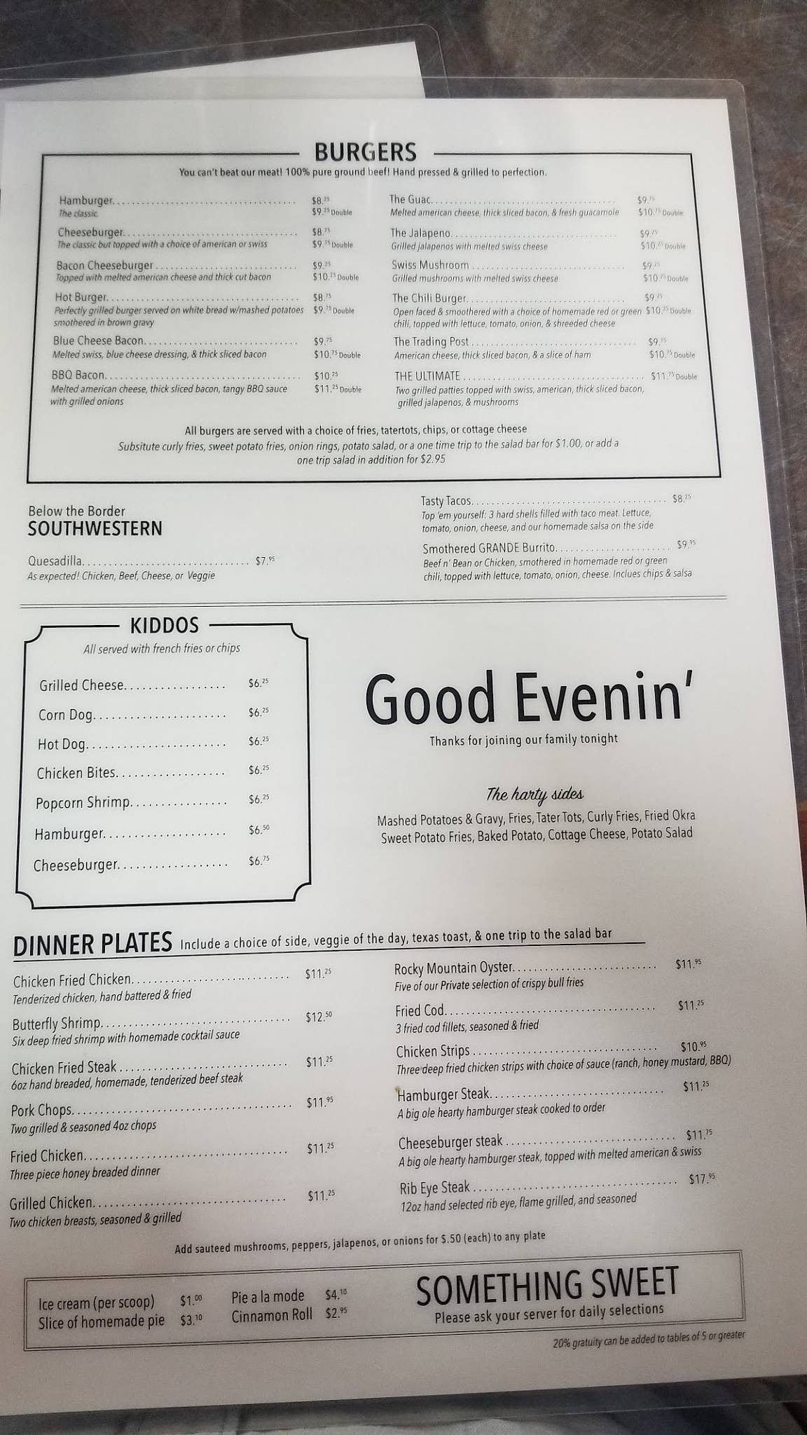 Menu at Trading Post Restaurant, Kit Carson, 602 US-287