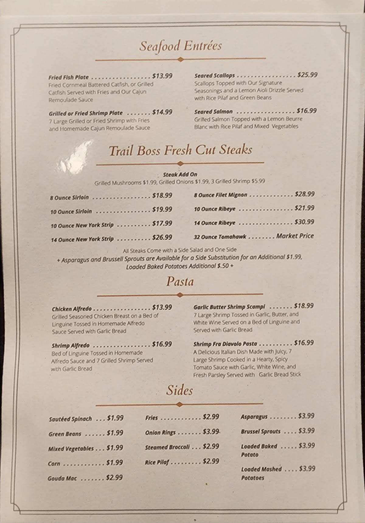 Menu at Trail Boss Steak and Grill steakhouse, Bandera