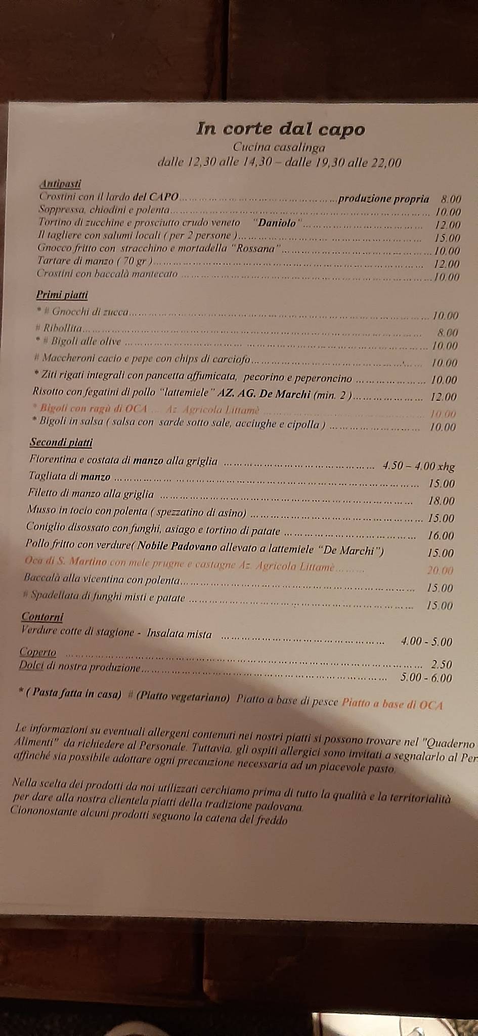 Menu da Trattoria In Corte dal Capo ristorante, Conselve, Via Padova