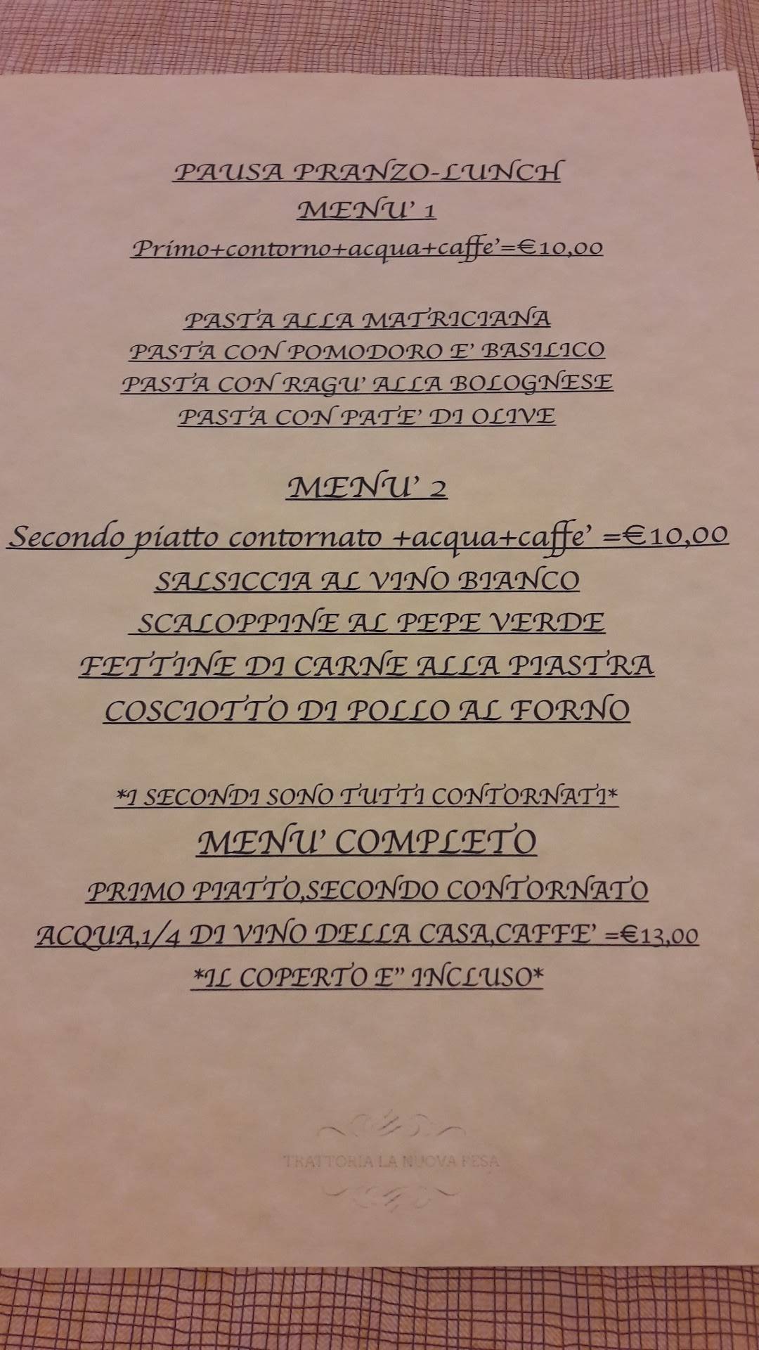 Menu da Trattoria La Pesa ristorante, Verona