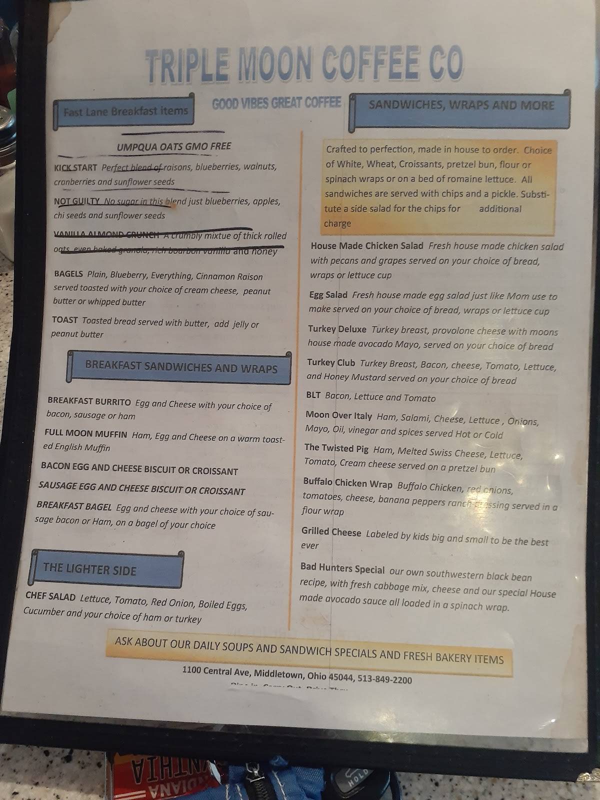 Menu at Triple Moon Coffee Company cafe, Middletown