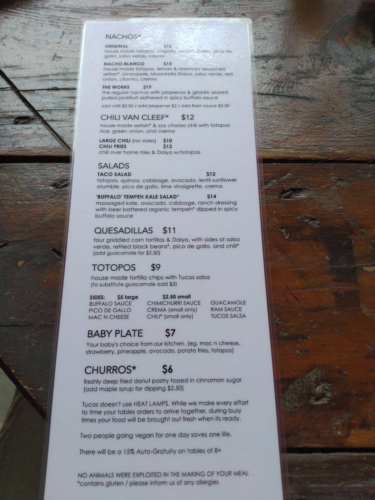 Menu at Tucos Taco Lounge restaurant, Sudbury