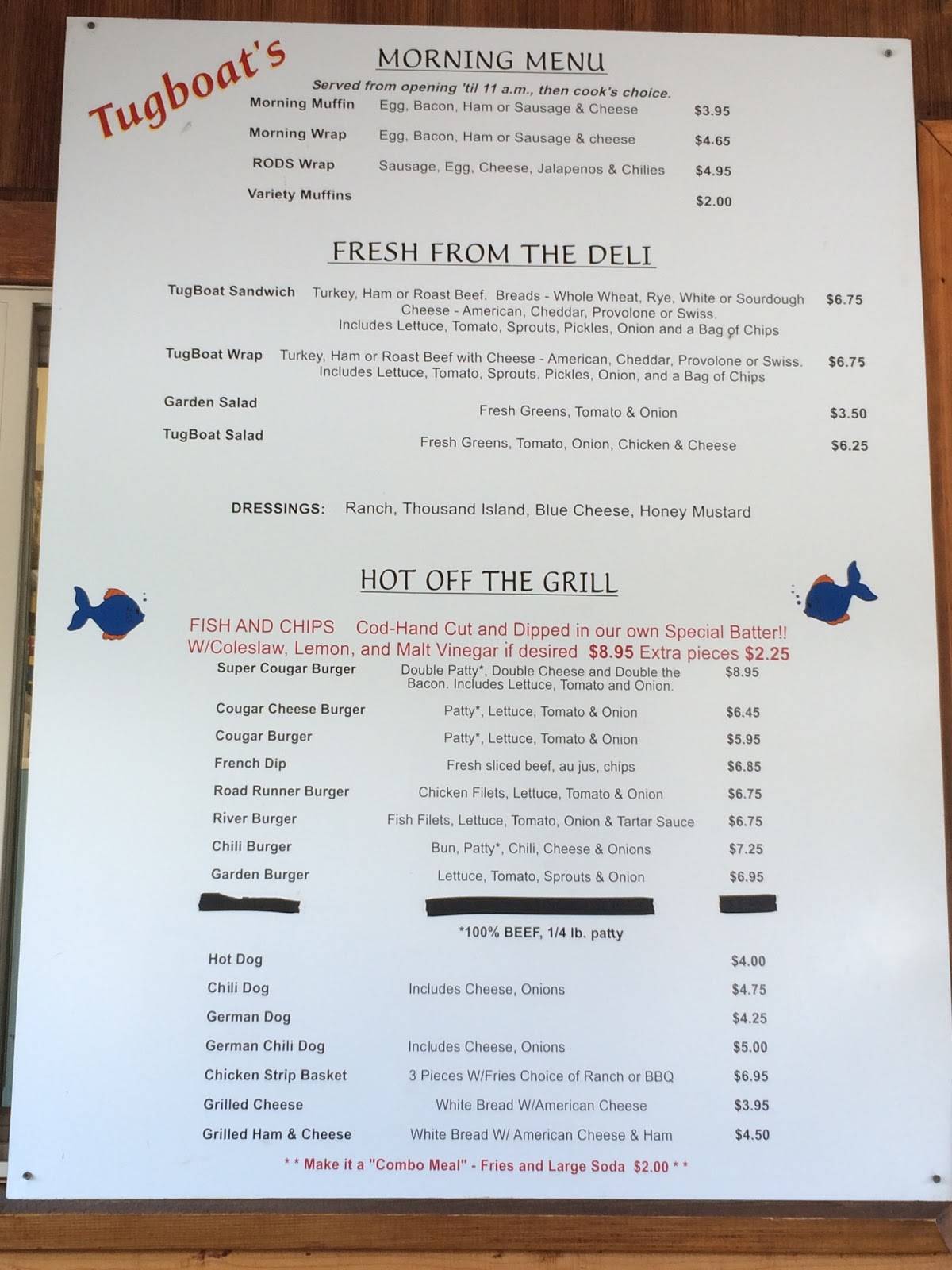 Menu at Tugboats restaurant, Curlew