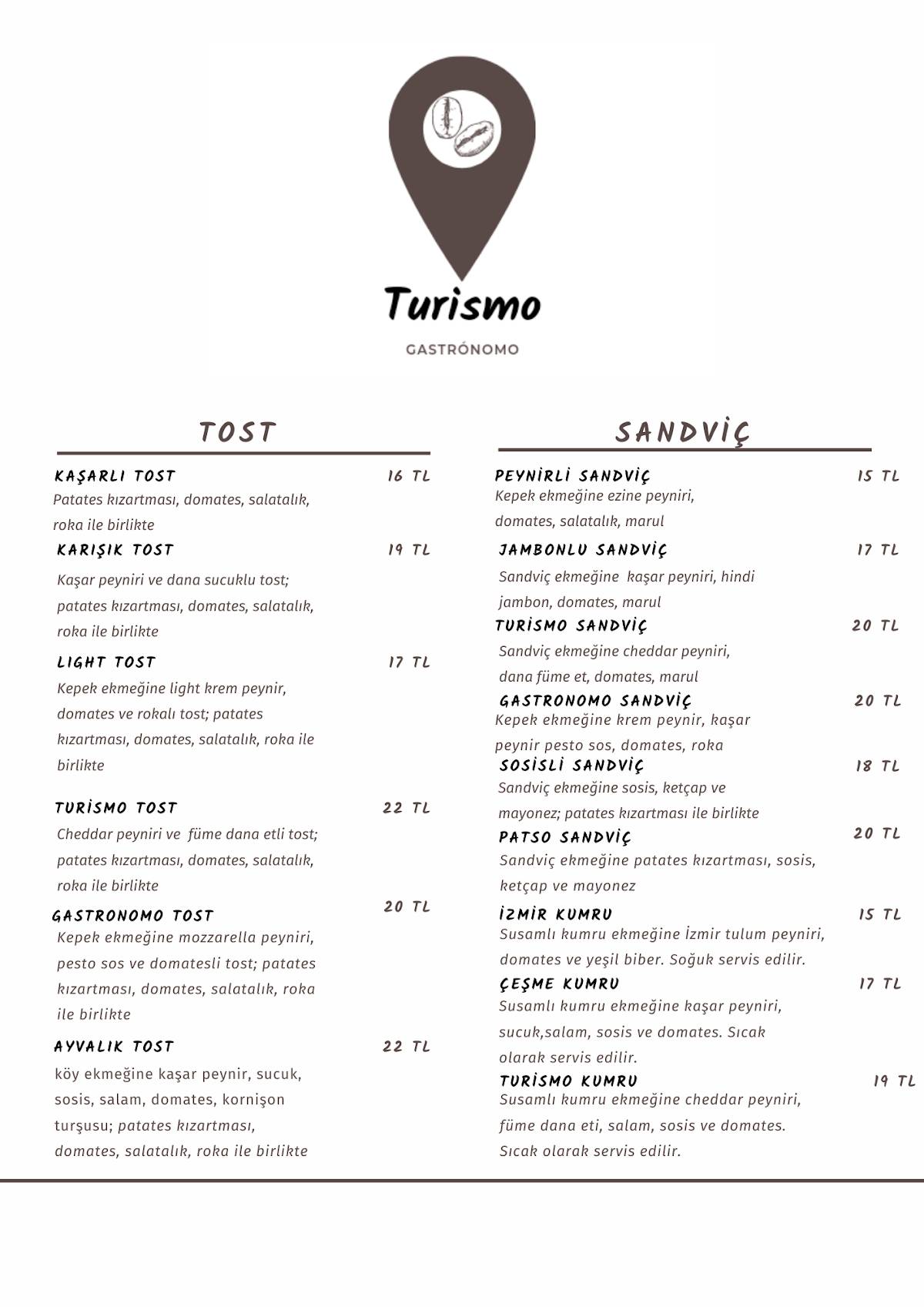 Menu at Turismo Cafe, Istanbul