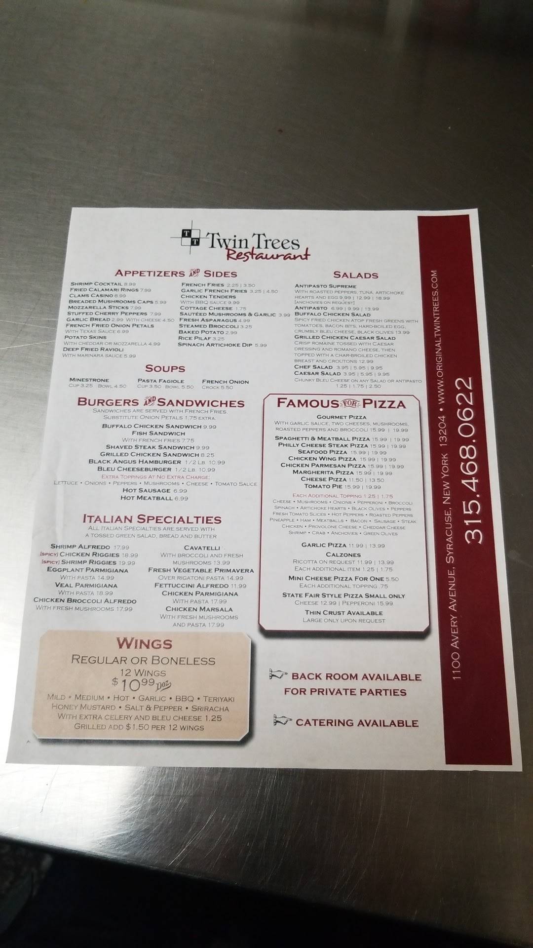 Menu at Twin Trees Restaurant, Syracuse, Avery Ave